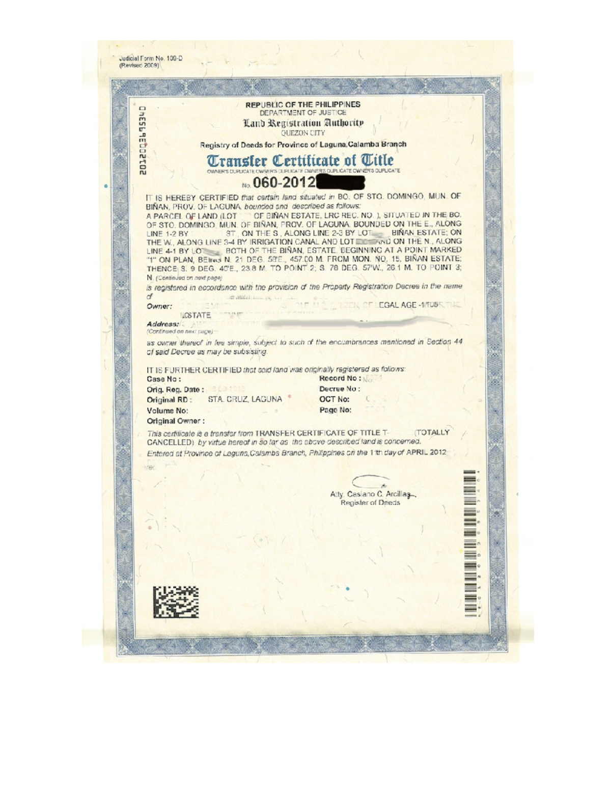 TCT COT - Notes - REPUBLIC OF THE PHILIPPINES DEPARTMENT OF JUSTICE ...