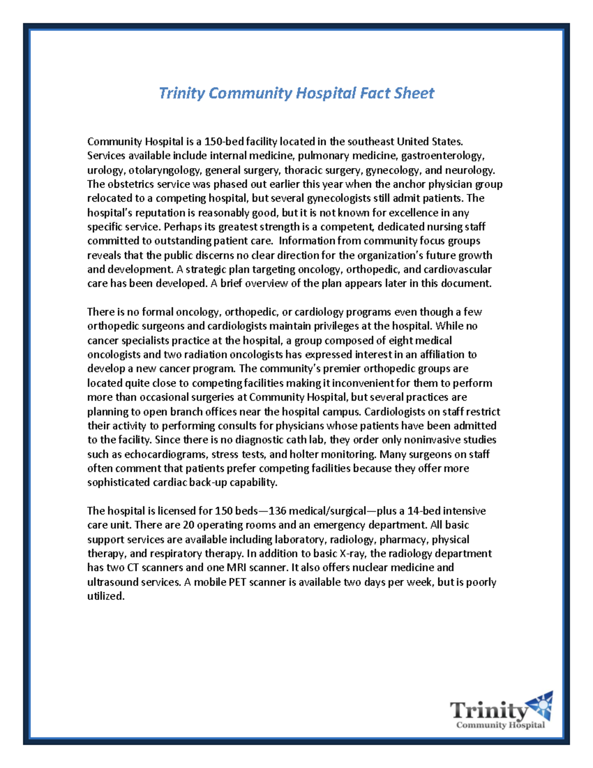 Trinity Community Hospital Fact Sheet - Services available include ...