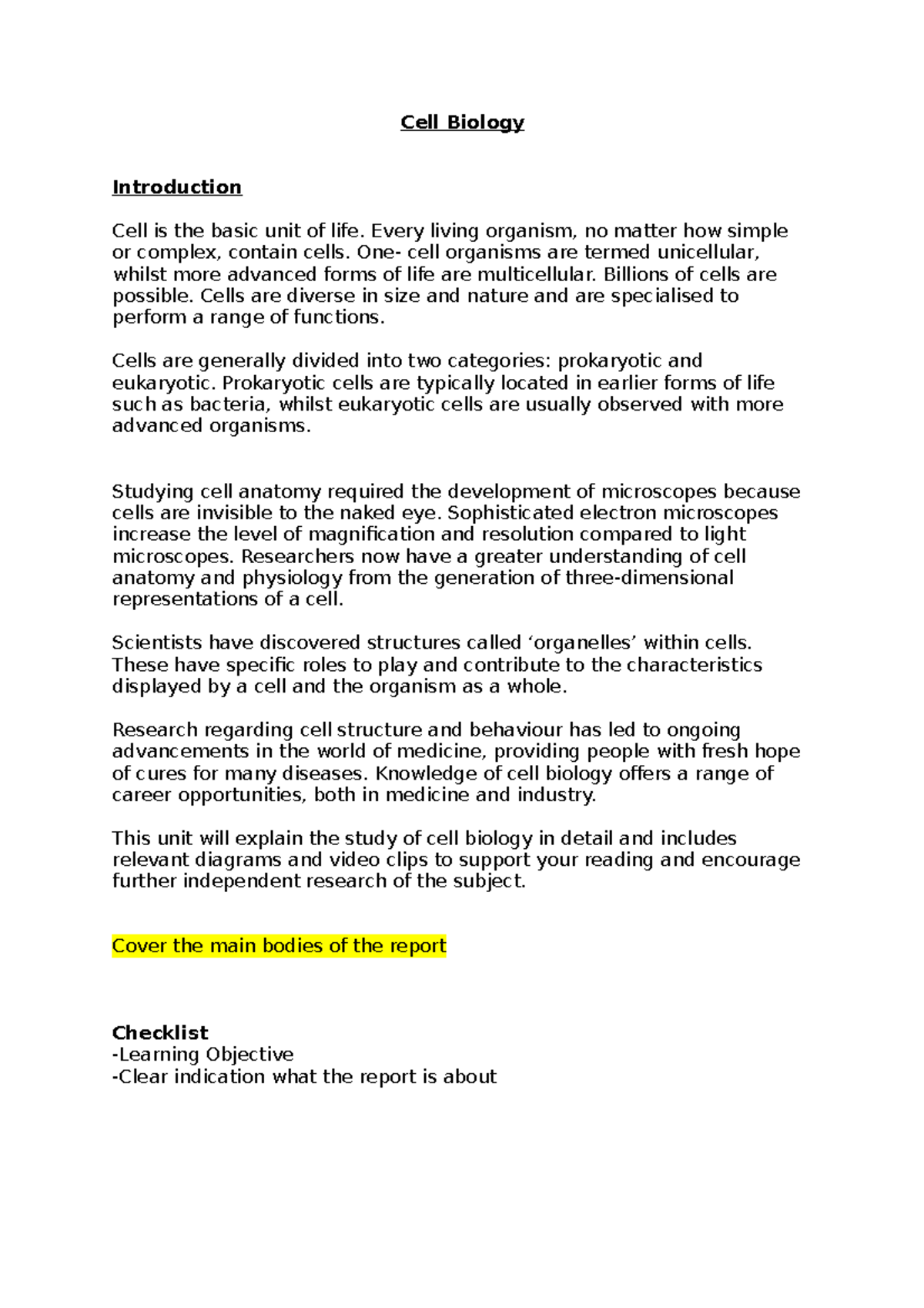 Cell Biology- Notes - Cell Biology Introduction Cell is the basic unit ...