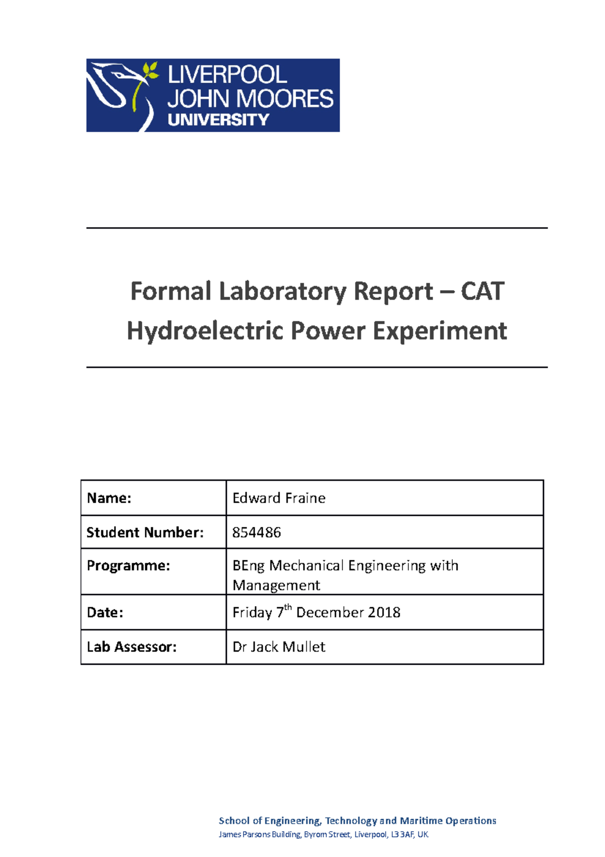 CAT Lab Report - Formal Laboratory Report – CAT Hydroelectric Power ...