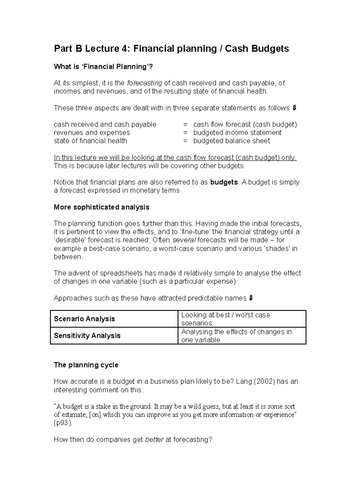 Part B lecture 4 Notes - Part B Lecture 4: Financial planning / Cash ...