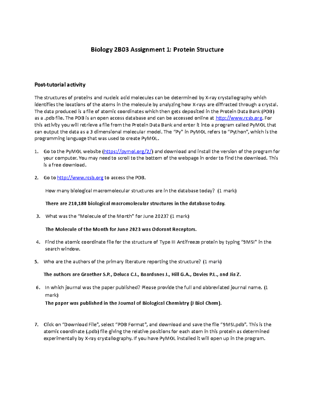 Tutorial Assignment 1 - Protein structure - Biology 2B03 Assignment 1 ...