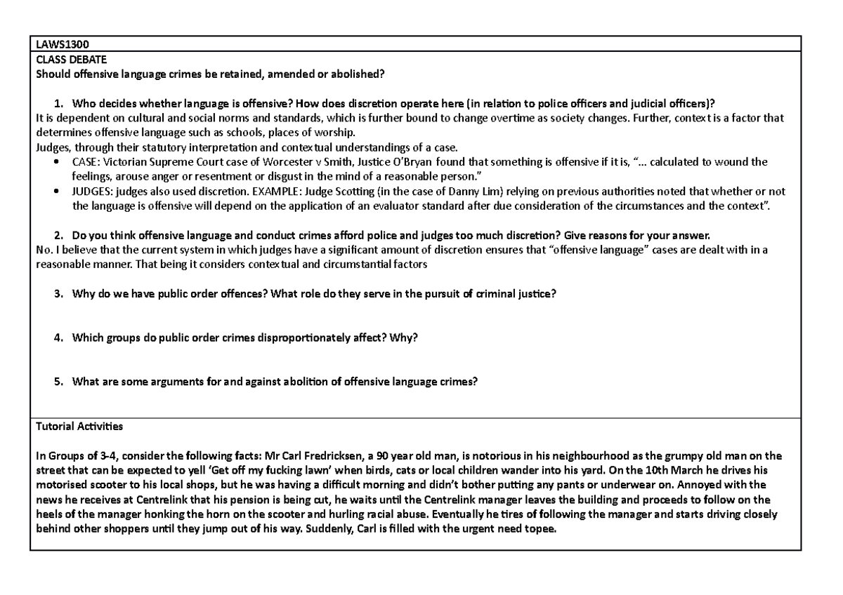 LAWS1300 - tutorial notes - LAWS CLASS DEBATE Should offensive language ...
