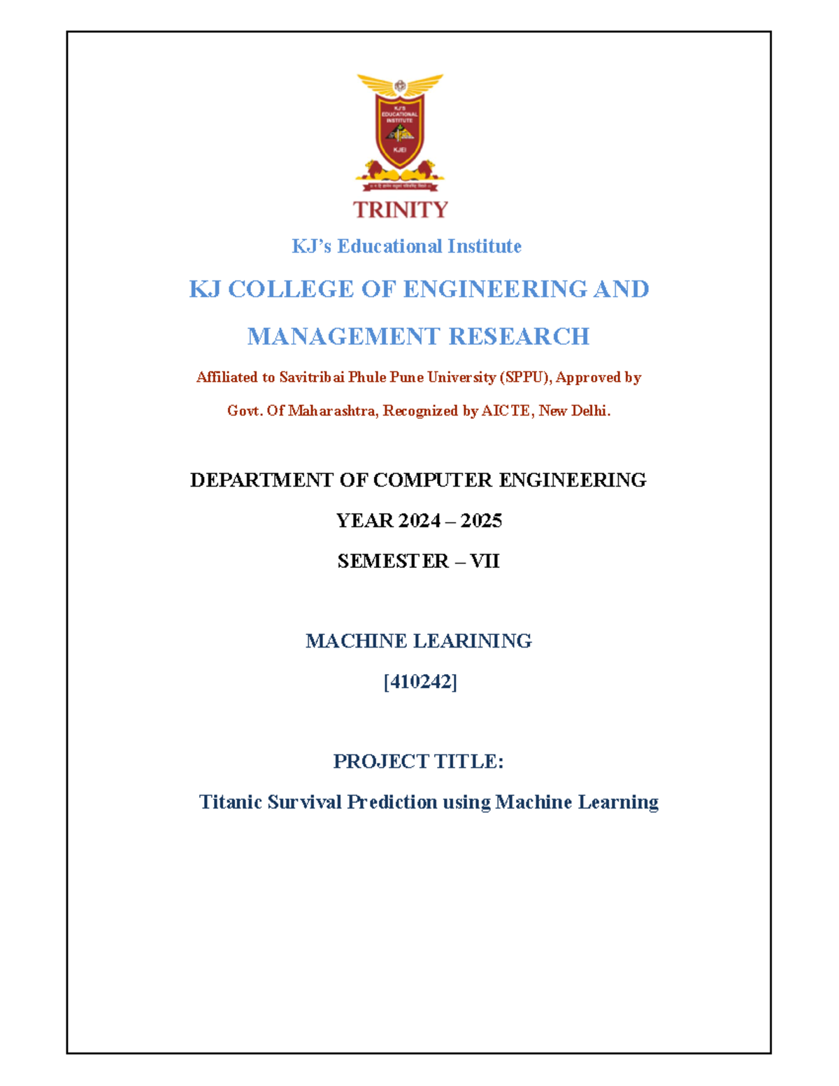 Miniproj ML - Mini project report of machine learning. Titanic Survival ...