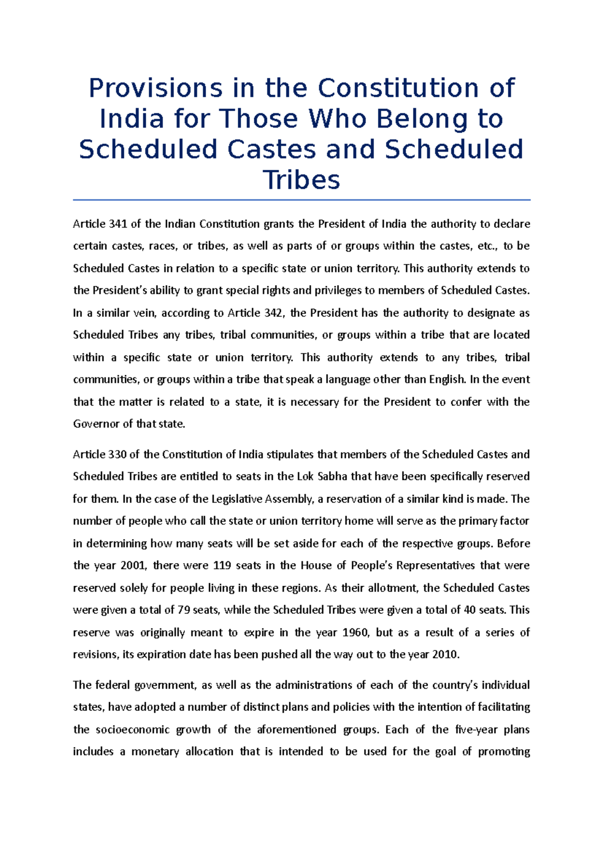 Provisions in the Constitution of India for Those Who Belong to ...