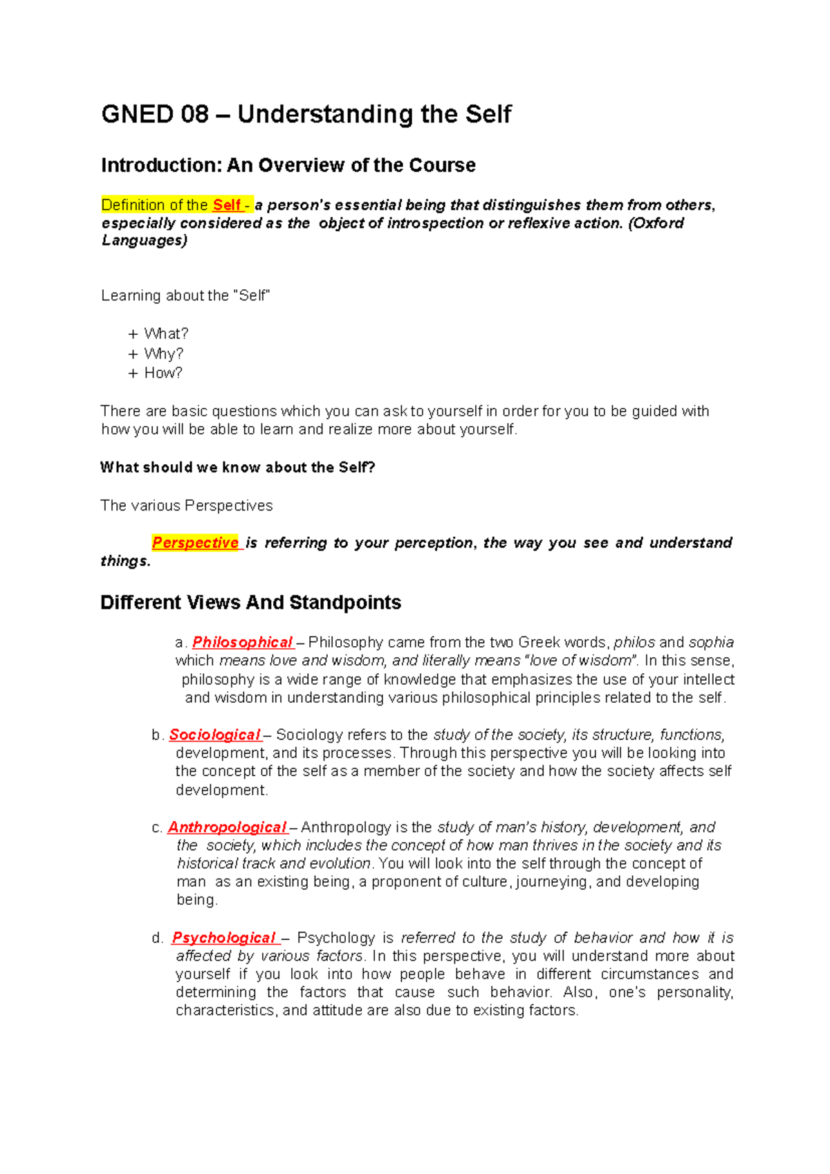 Introduction to Understanding the Self - A Course Overview - GNED 08 ...