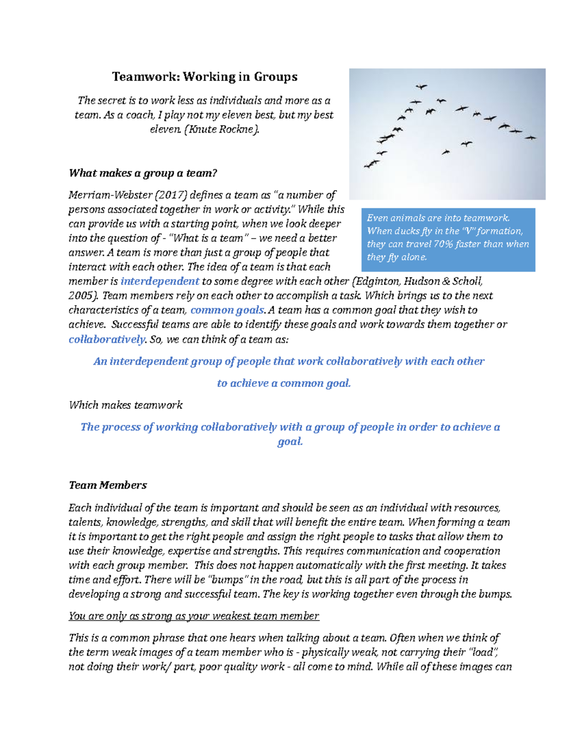 Teamwork - Reading from Class - Teamwork: Working in Groups The secret ...