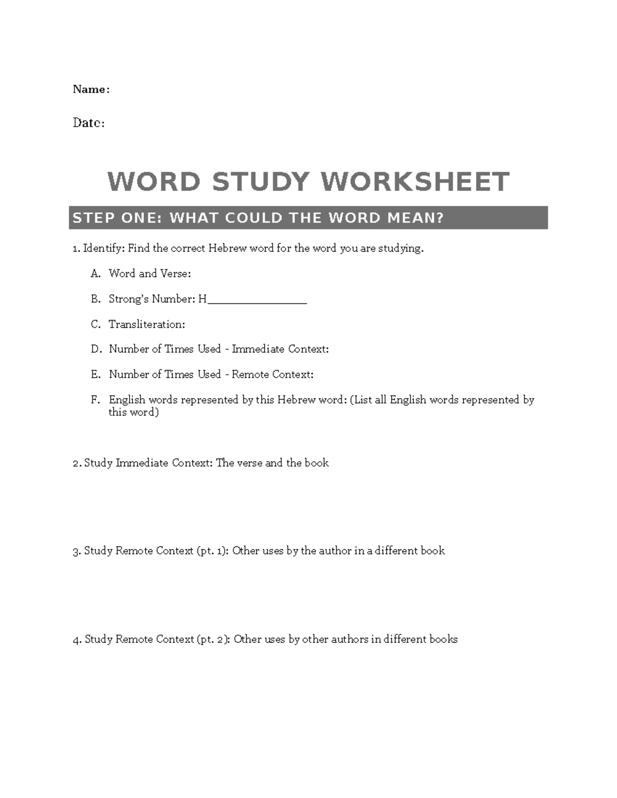 Word Study Worksheet, Hebrew - Name: Date: WORD STUDY WORKSHEET STEP ONE: WHAT COULD THE WORD ...