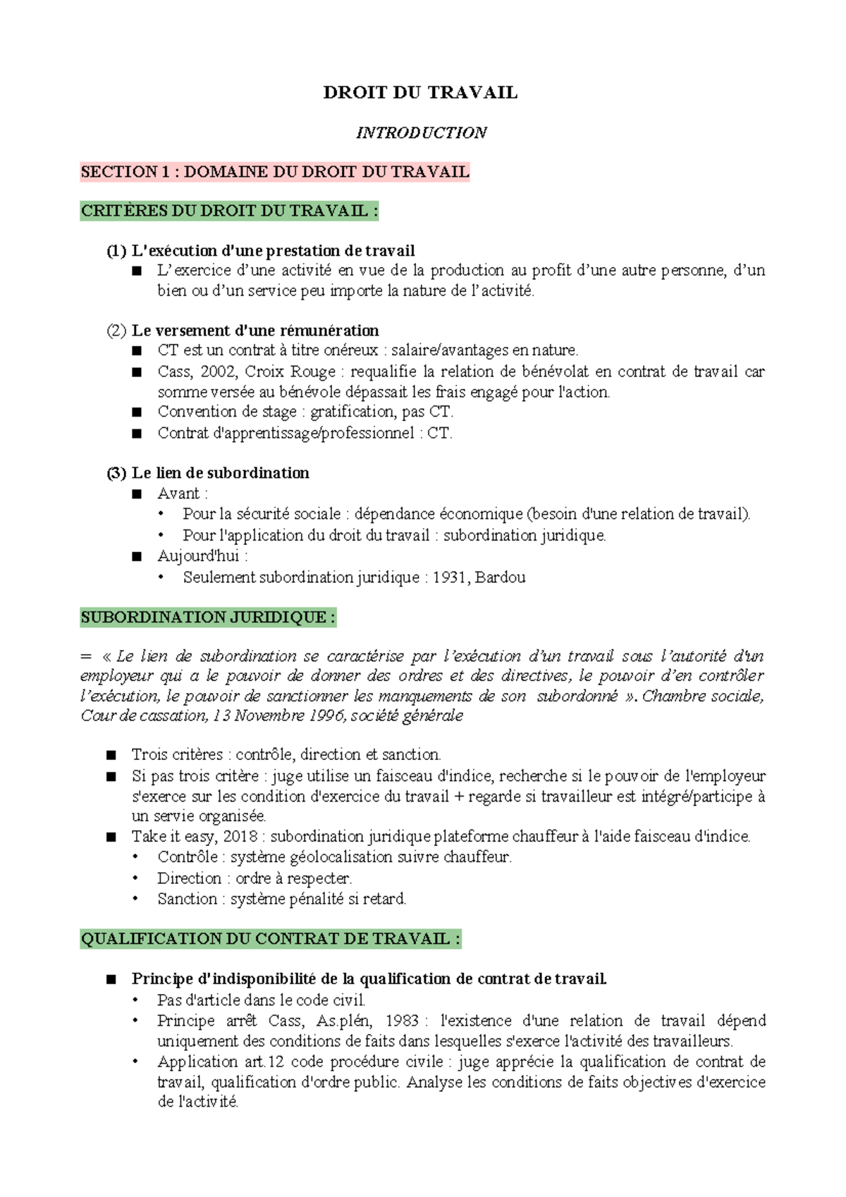 Fiche droit du travail - DROIT DU TRAVAIL INTRODUCTION SECTION 1 ...