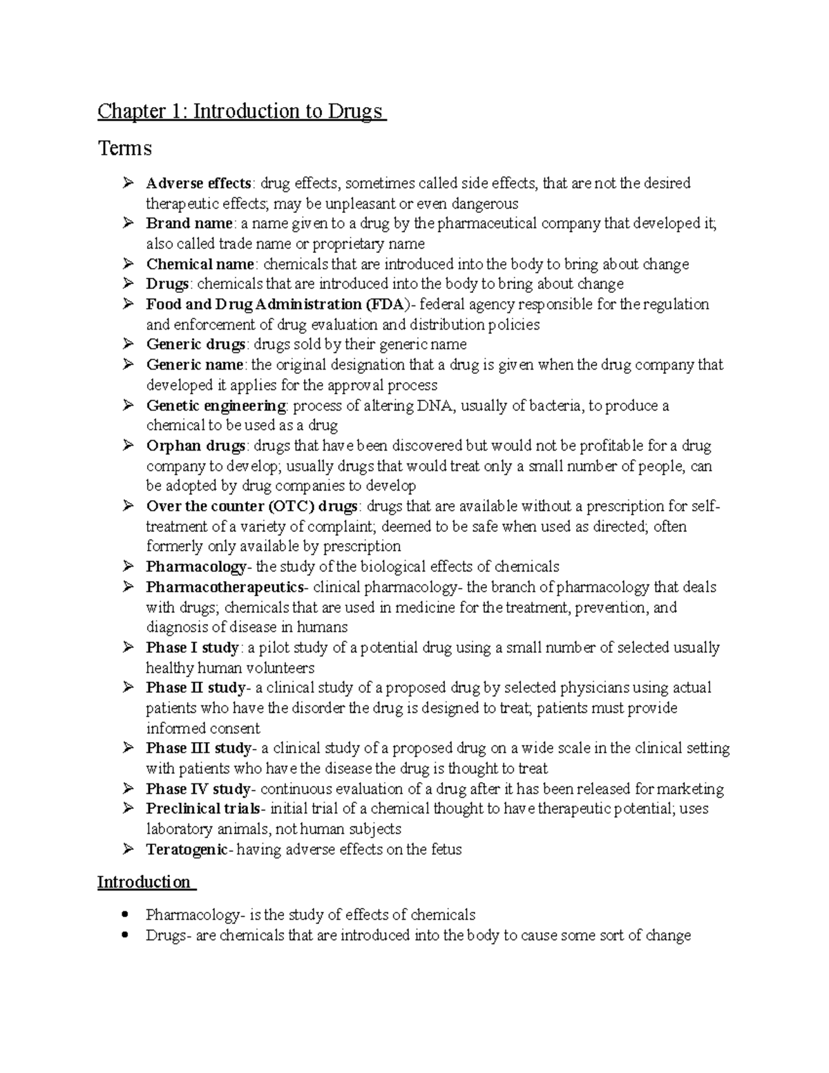 Chapter 1 - Chapter 1: Introduction to Drugs Terms Adverse effects ...