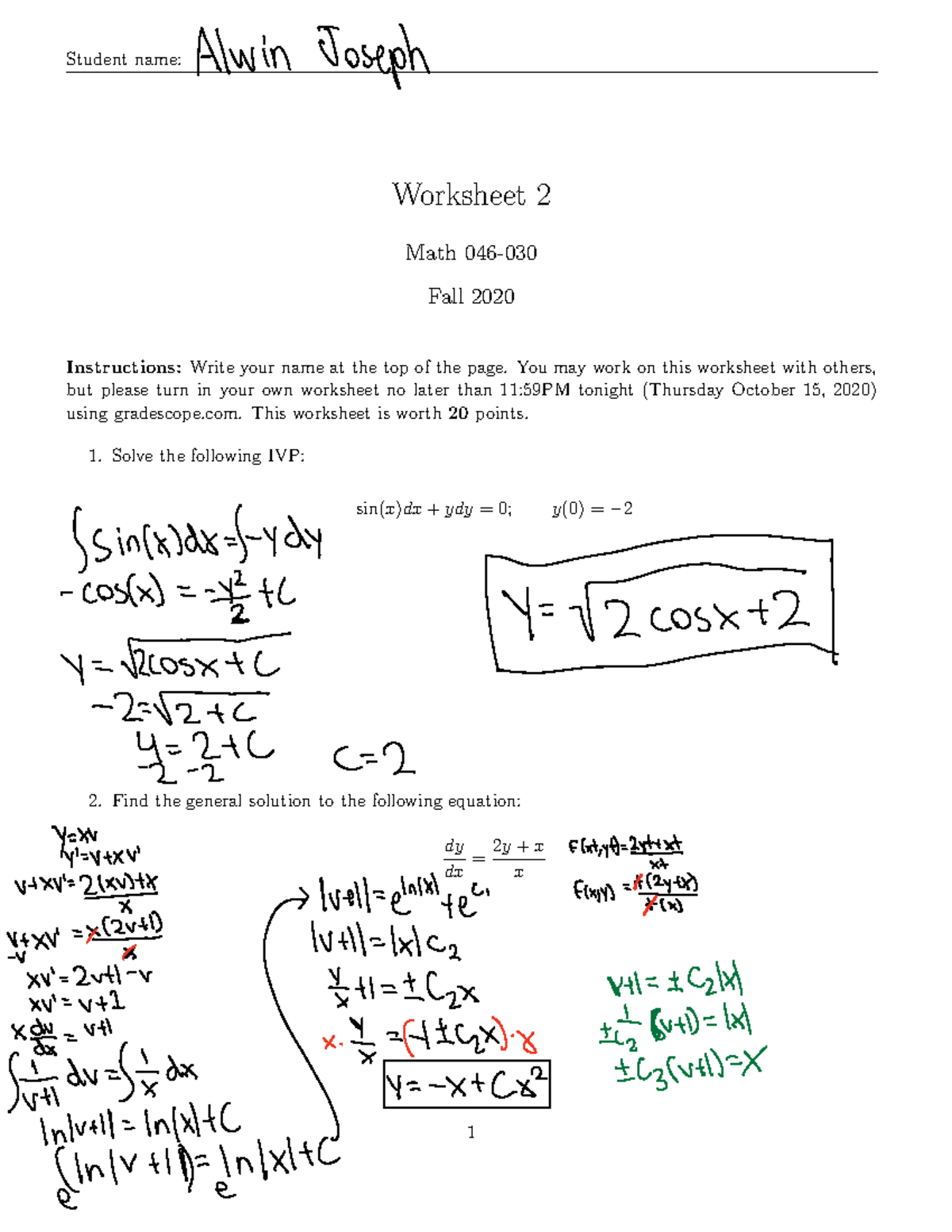 Diff EQ Discussion Worksheet 2 - Student name: Worksheet 2 Math 046 ...