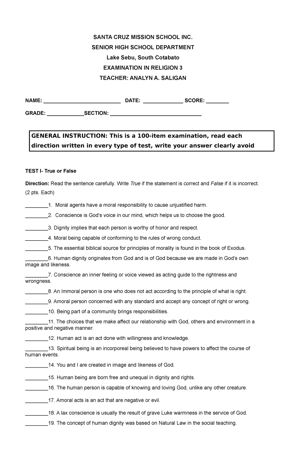 EXAM - RELIGION - SANTA CRUZ MISSION SCHOOL INC. SENIOR HIGH SCHOOL ...
