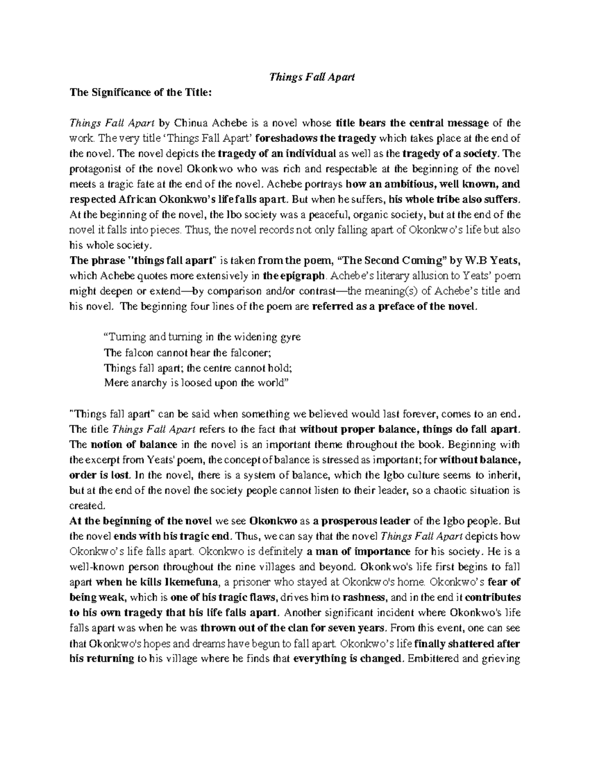 Things Fall Apart Title - Things Fall Apart The Significance of the ...