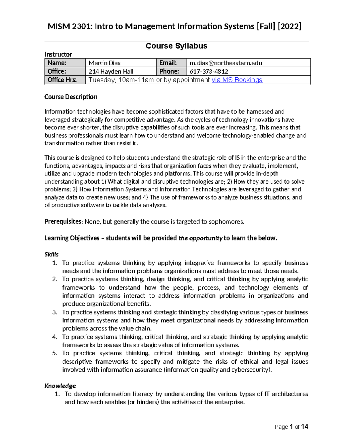 MISM 2301 Syllabus v4 - MISM 2301: Intro to Management Information Systems [Fall] [2022] Course ...