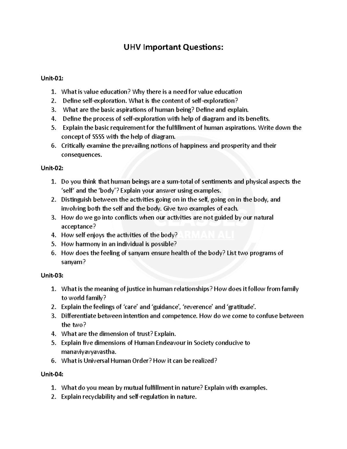 UHV Important Questions( Rrsimt) - UHV Important Questions: Unit-01: 1 ...