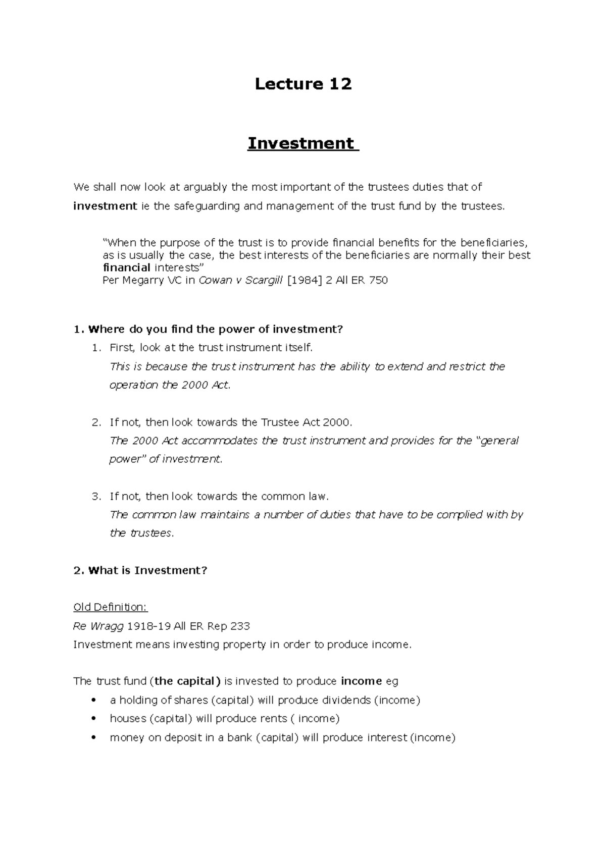 Lecture Notes - The Principles of Investment - Lecture 12 Investment We ...