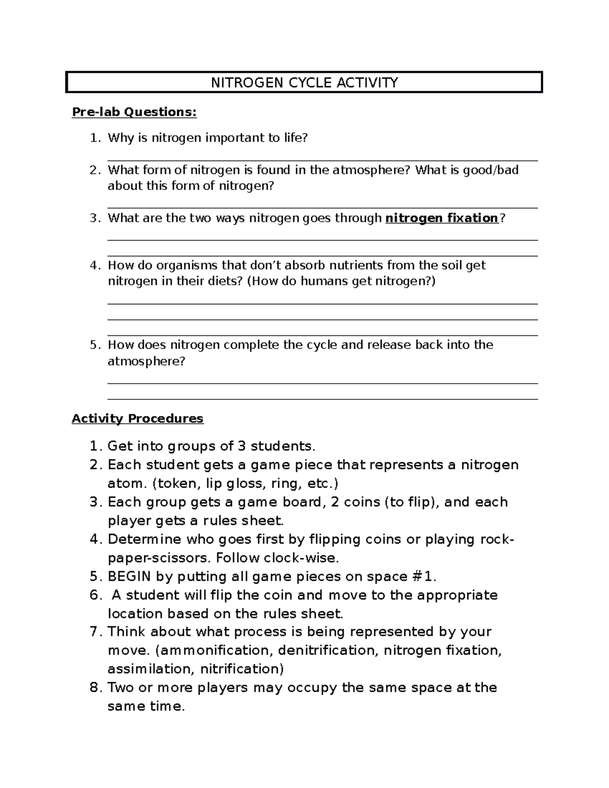 Nitrogen-cycle-activity - NITROGEN CYCLE ACTIVITY Pre-lab Questions: 1 ...