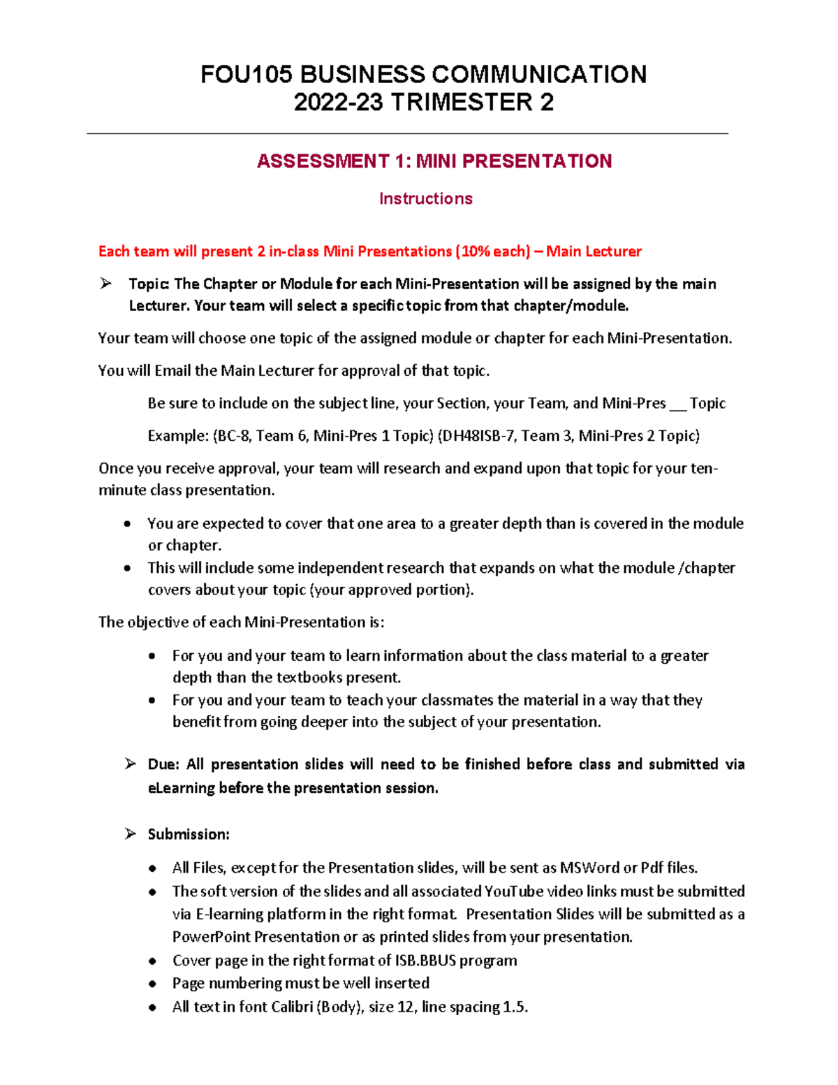 Mini Presentation Project Guidelines January 2023 - FOU105 BUSINESS ...