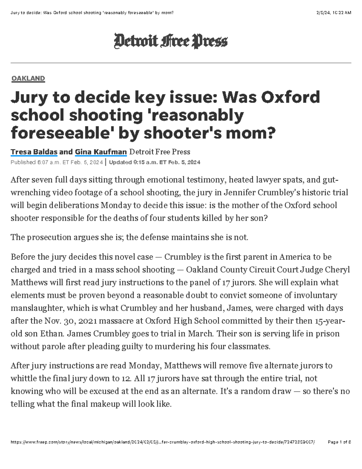 Free Press Article - OAKLAND Jury to decide key issue: Was Oxford ...
