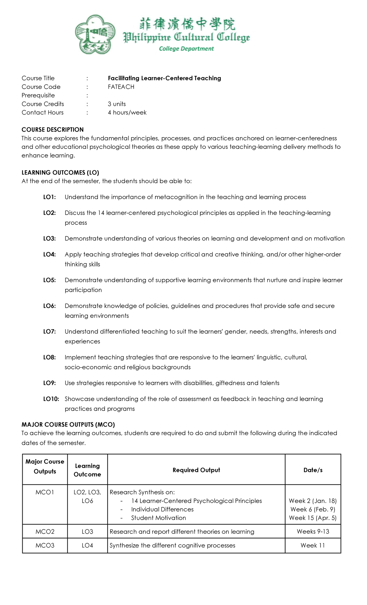 FATEACH OBE Syllabus - Course Title : Facilitating Learner-Centered ...
