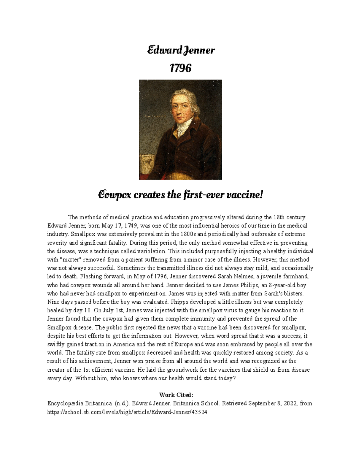 Siegel - Historical Person - Edward Jenner 1796 Cowpox creates the ...