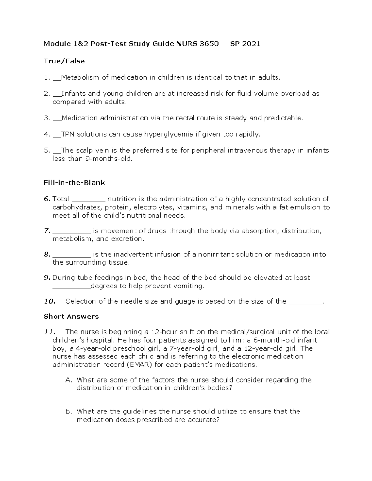Pediatrics POST TEST-3 - Module 1&2 Post-Test Study Guide NURS 3650 SP ...