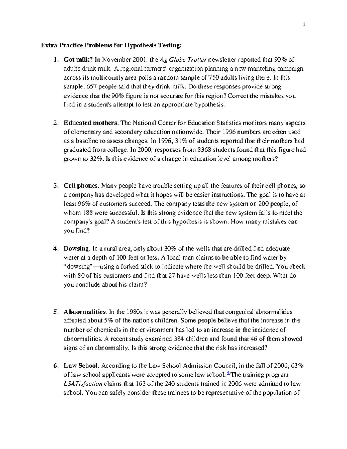 Examples of Hypothesis testing - 1 Extra Practice Problems for ...