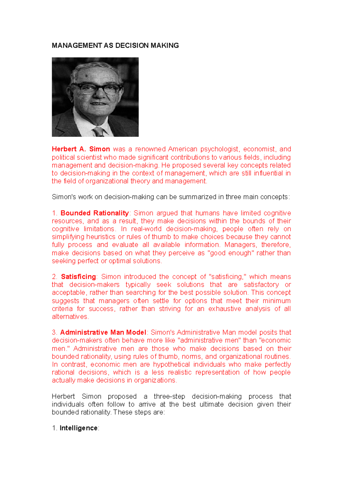 MDM - none - MANAGEMENT AS DECISION MAKING Herbert A. Simon was a ...