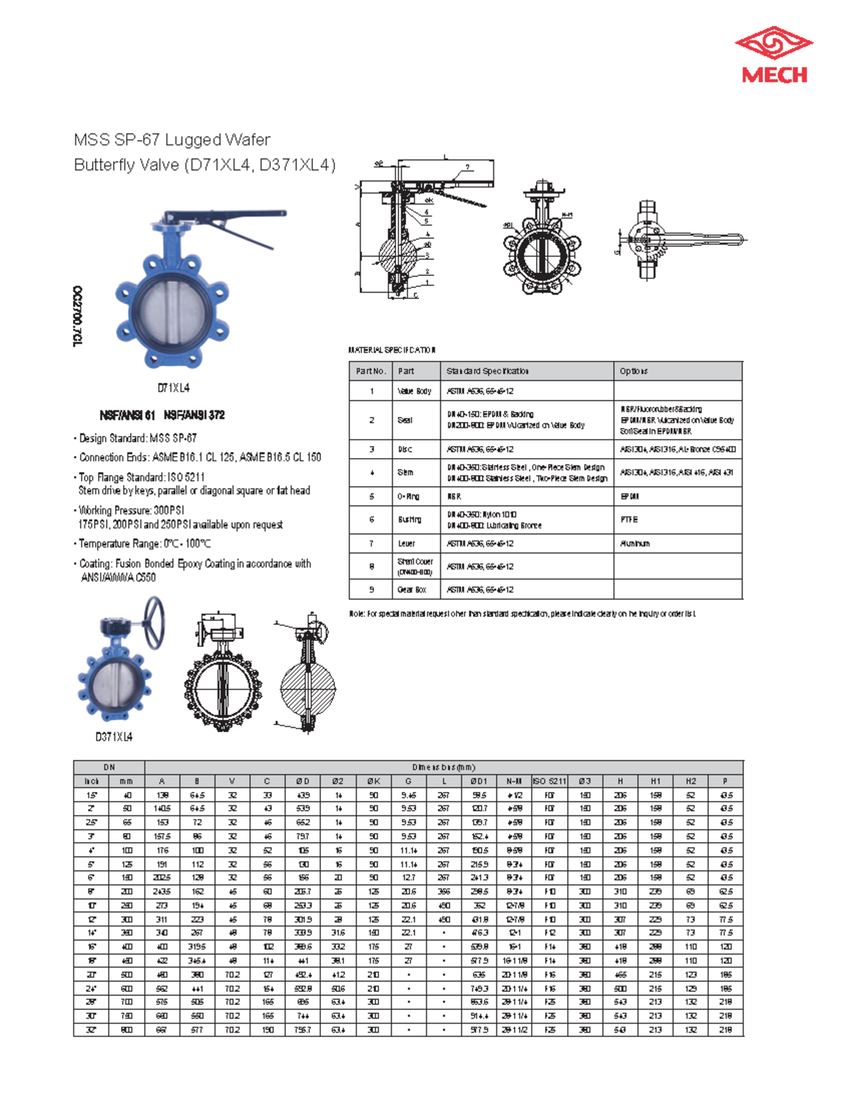 Ficha tecnica Valvula Mariposa Cuerpo H - Part No. Part Standard Specification Options 1 Valve ...