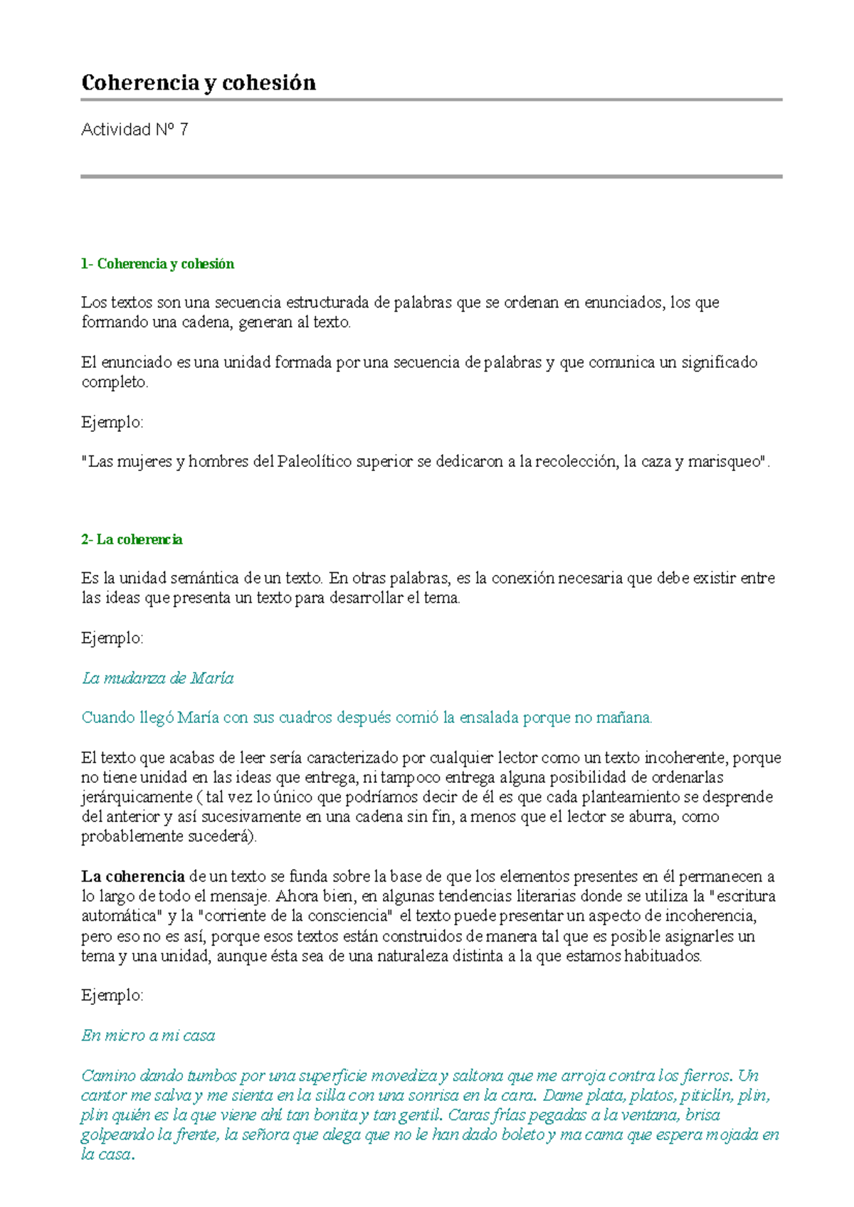 Ejemplos y ejrcicios de Coherencia y cohesión 3er año - Coherencia y cohesión Actividad Nº 7 1 ...