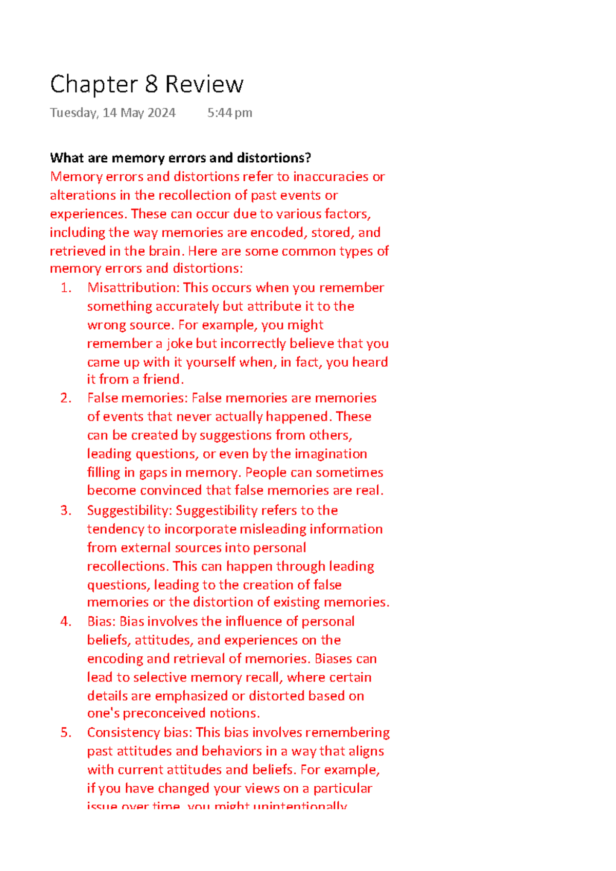 Chapter 8 SAQ Answers - What are memory errors and distortions? Memory errors and distortions ...