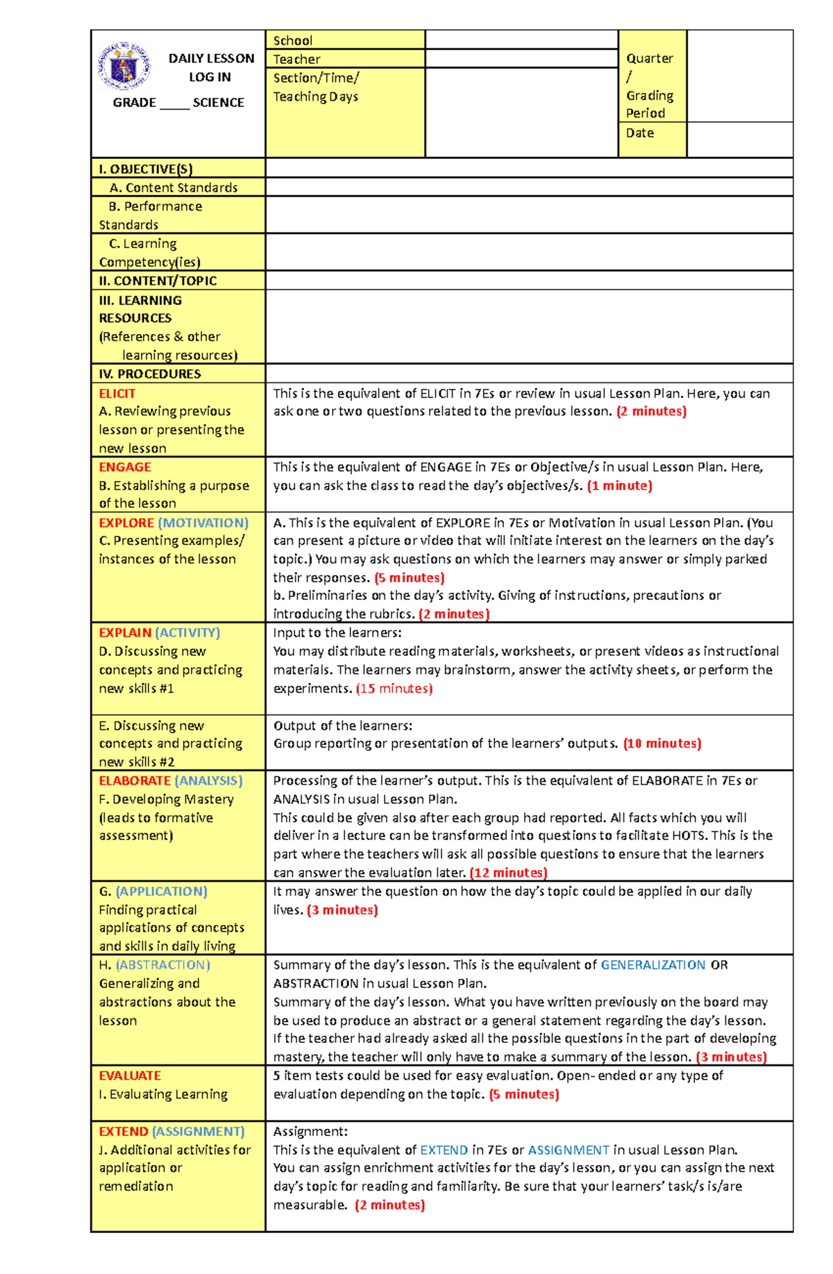 Interactive DLL for science- 7E's model - DAILY LESSON LOG IN GRADE ...