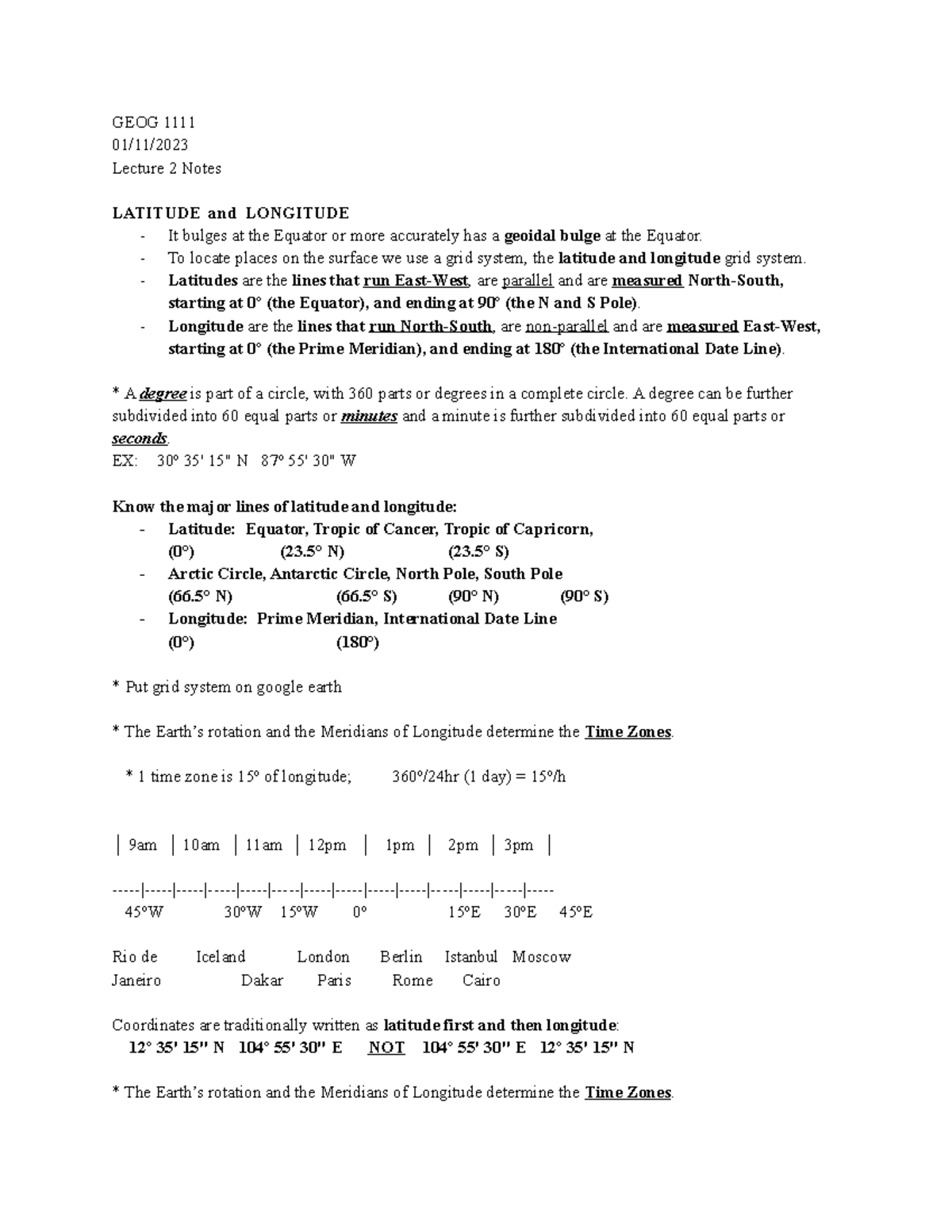 Geog Lecture 2 Notes Geog 1111 0111 Lecture 2 Notes Latitude And Longitude It Bulges At 