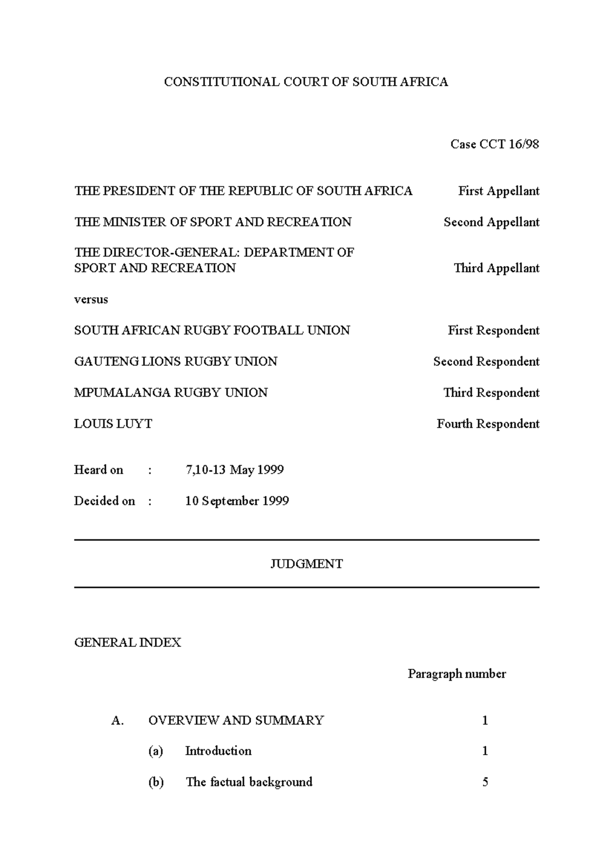 Sarfu CASE - CONSTITUTIONAL COURT OF SOUTH AFRICA Case CCT 16/ THE ...