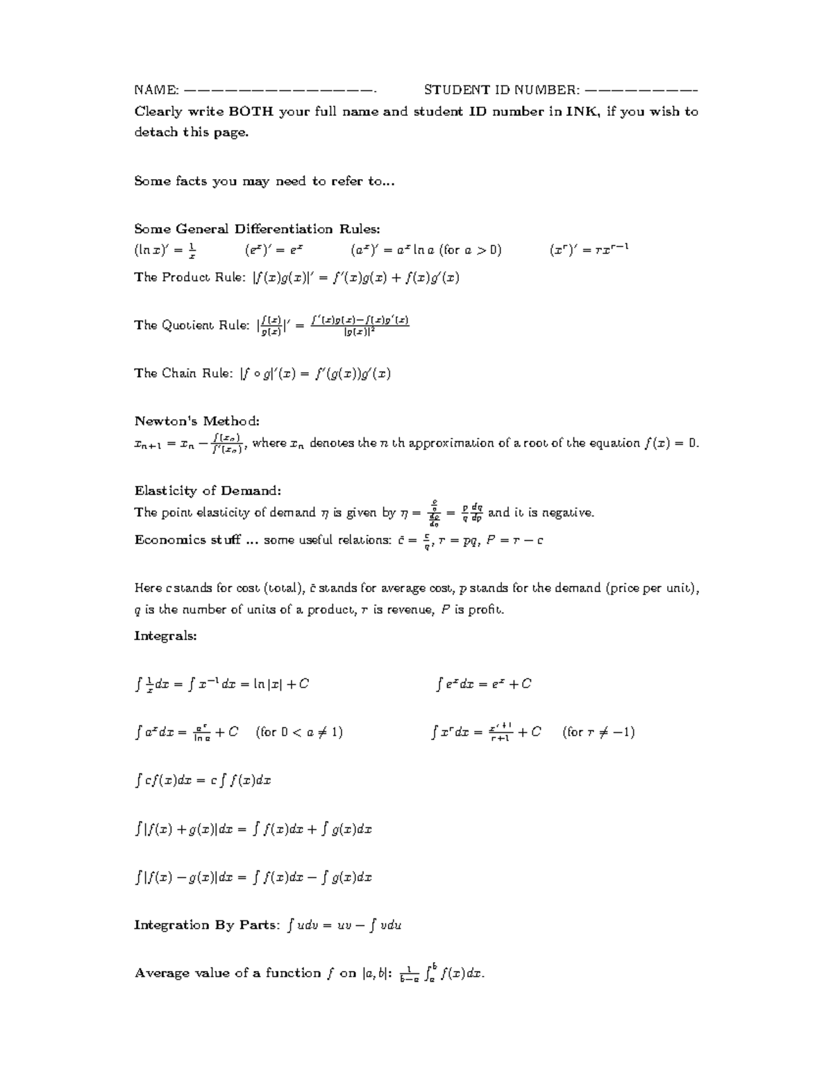 Formula sheet - NAME: ——————————————- STUDENT ID NUMBER ...