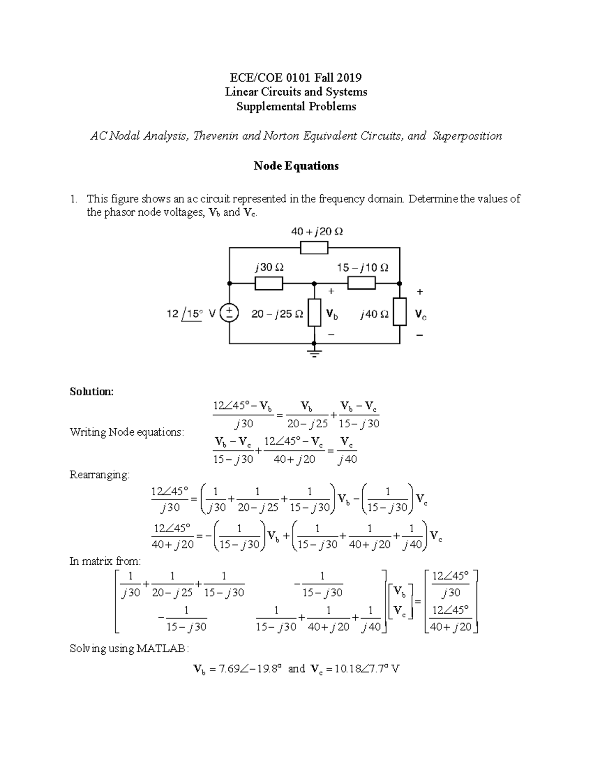 ECE0101 supplemental problems 9 AC Nodal Analysis, Thevenin and Norton Equivalent Circuits, and ...