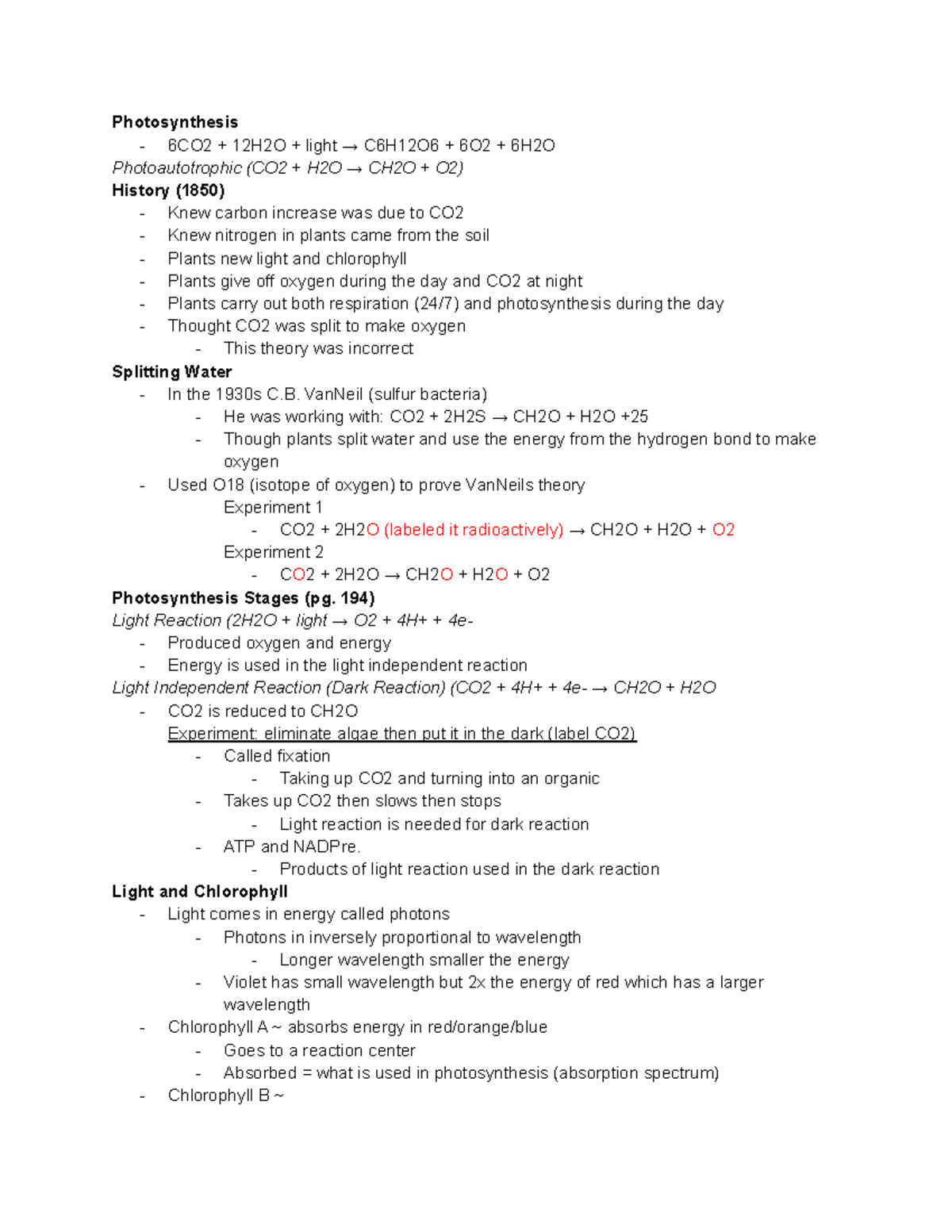 Lecture 4 - Photosynthesis - 6CO2 + 12H2O + light → C6H12O6 + 6O2 ...