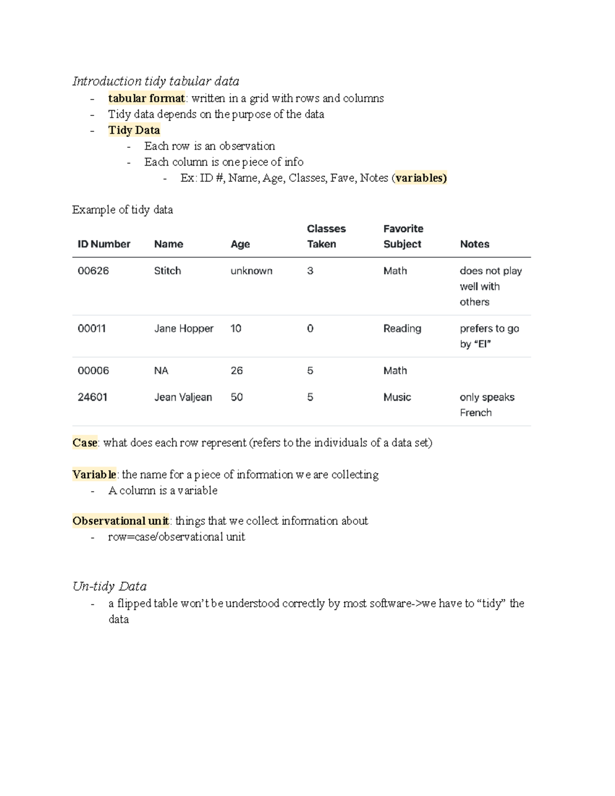 Chapter 1.1 Notes - Introduction tidy tabular data tabular format ...