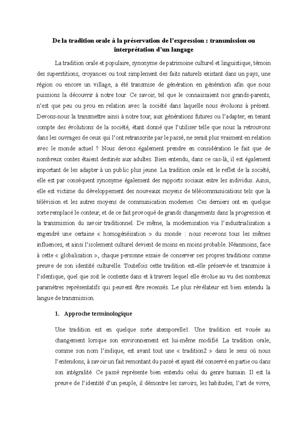 De la tradition orale à la préservation de l’expression transmission ou ...