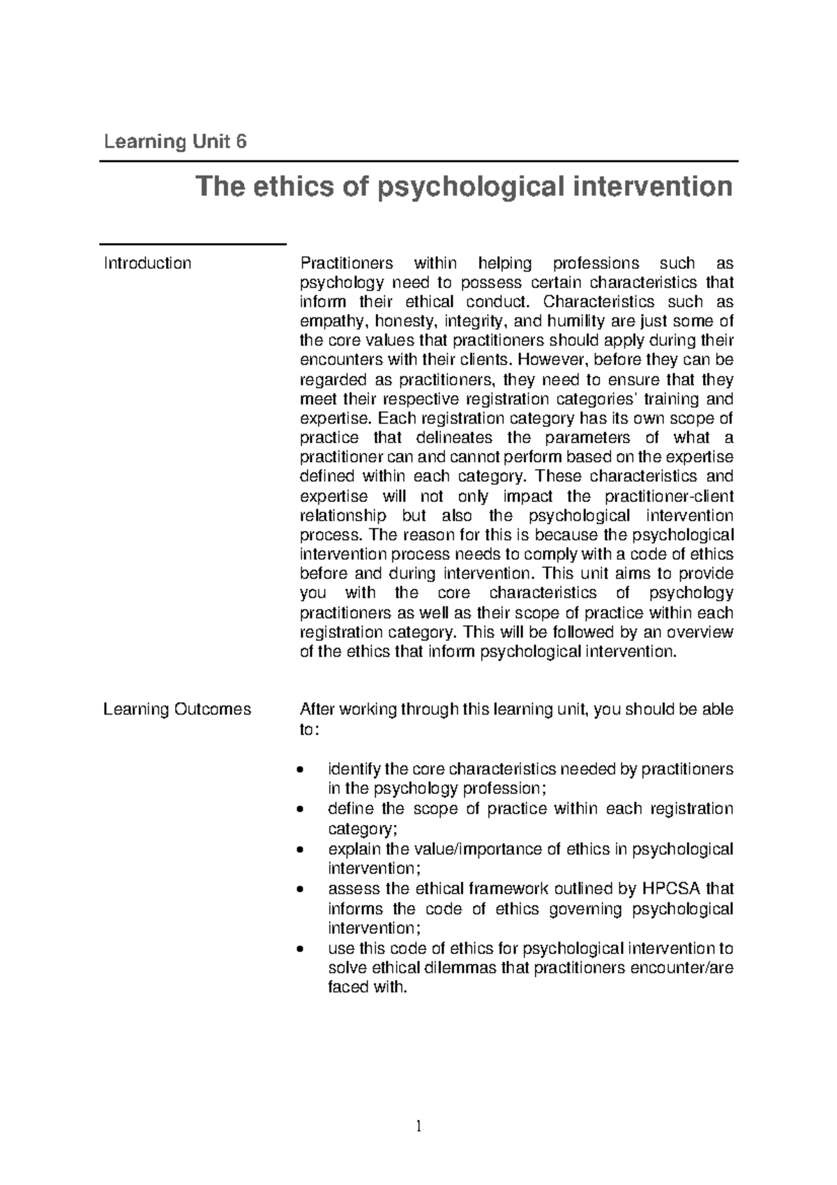 Learning UNIT 6 - NOTES - Learning Unit 6 The ethics of psychological ...