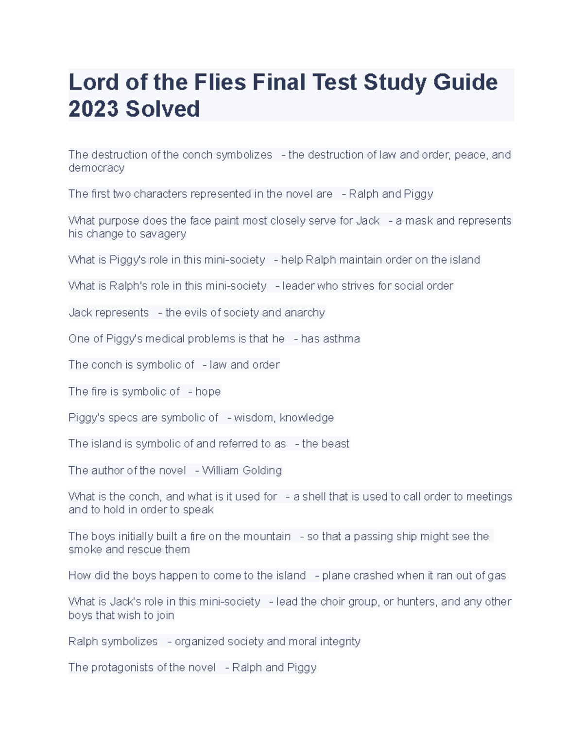 Lord of the Flies Final Test Study Guide 2023 Solved - I embarrassed ...