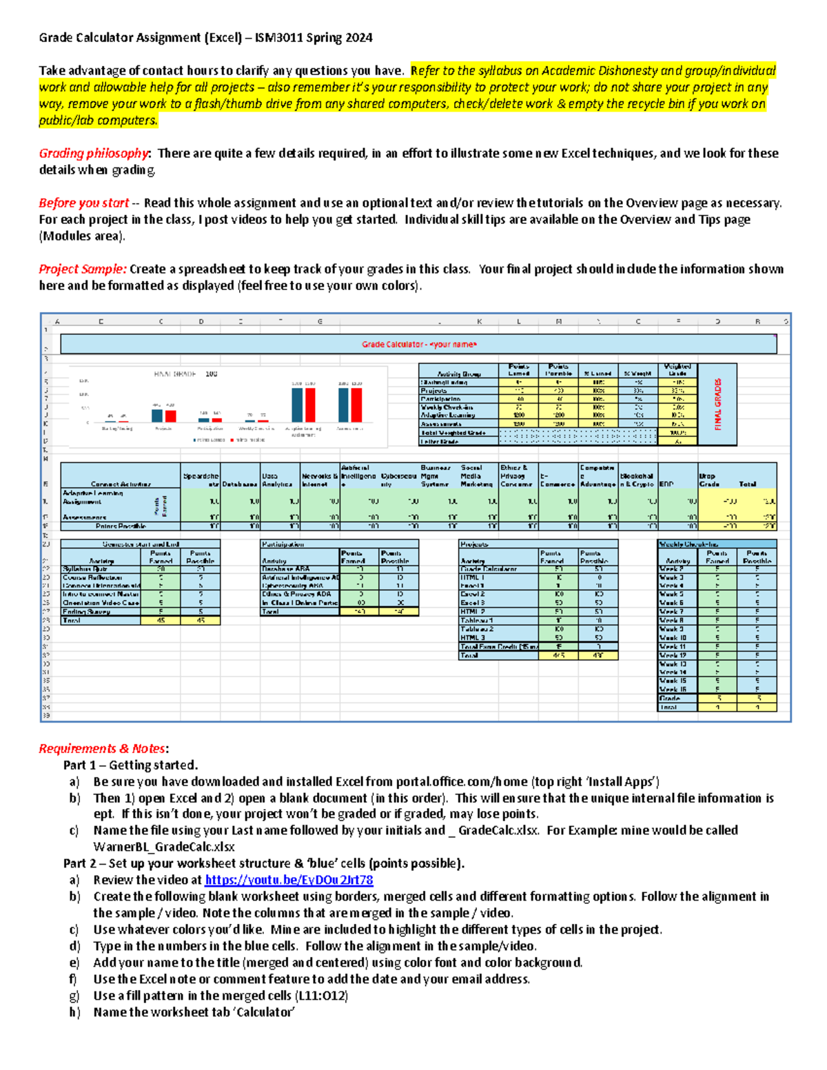 Grade Calculator Instructions S24 - Grade Calculator Assignment (Excel) – ISM3011 Spring 2024 ...