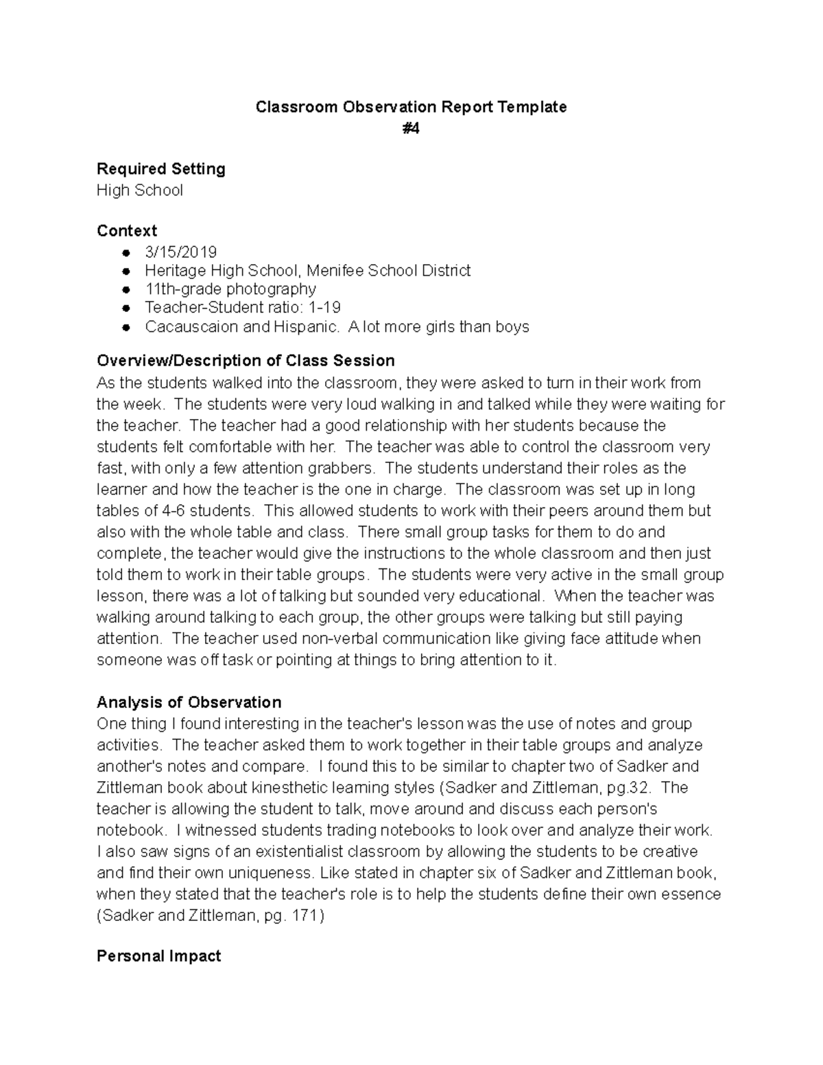 Observation Report #4 - Reading Logs - Classroom Observation Report ...