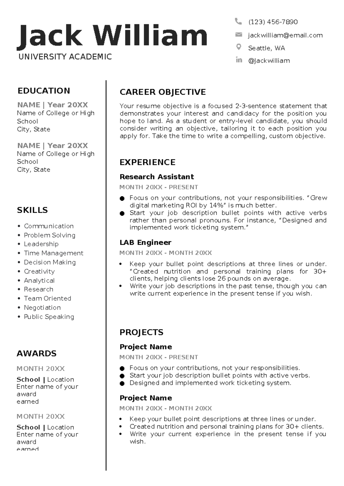 Academic word resume template - PROJECTS Project Name MONTH 20XX ...