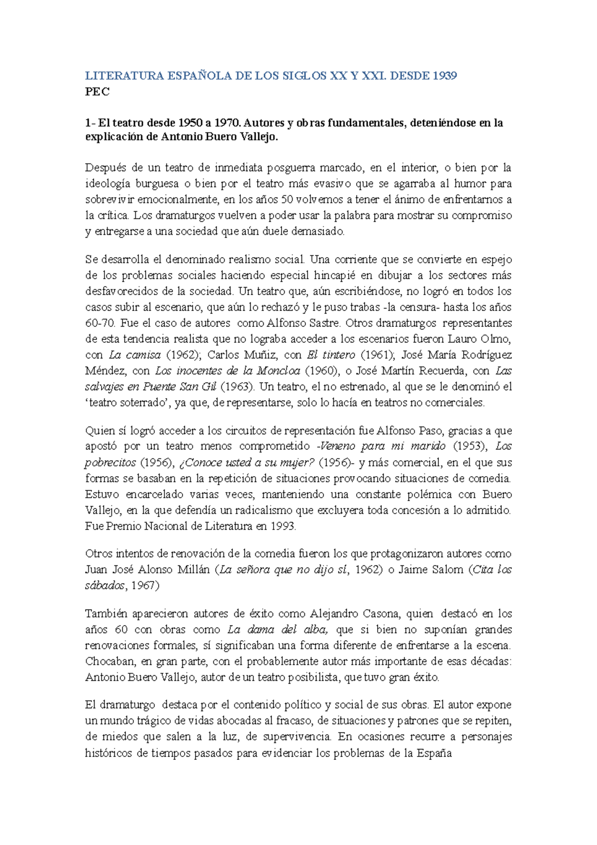 PEC Literatura Española de los Siglos XX y XXI desde 1939 - LITERATURA ...