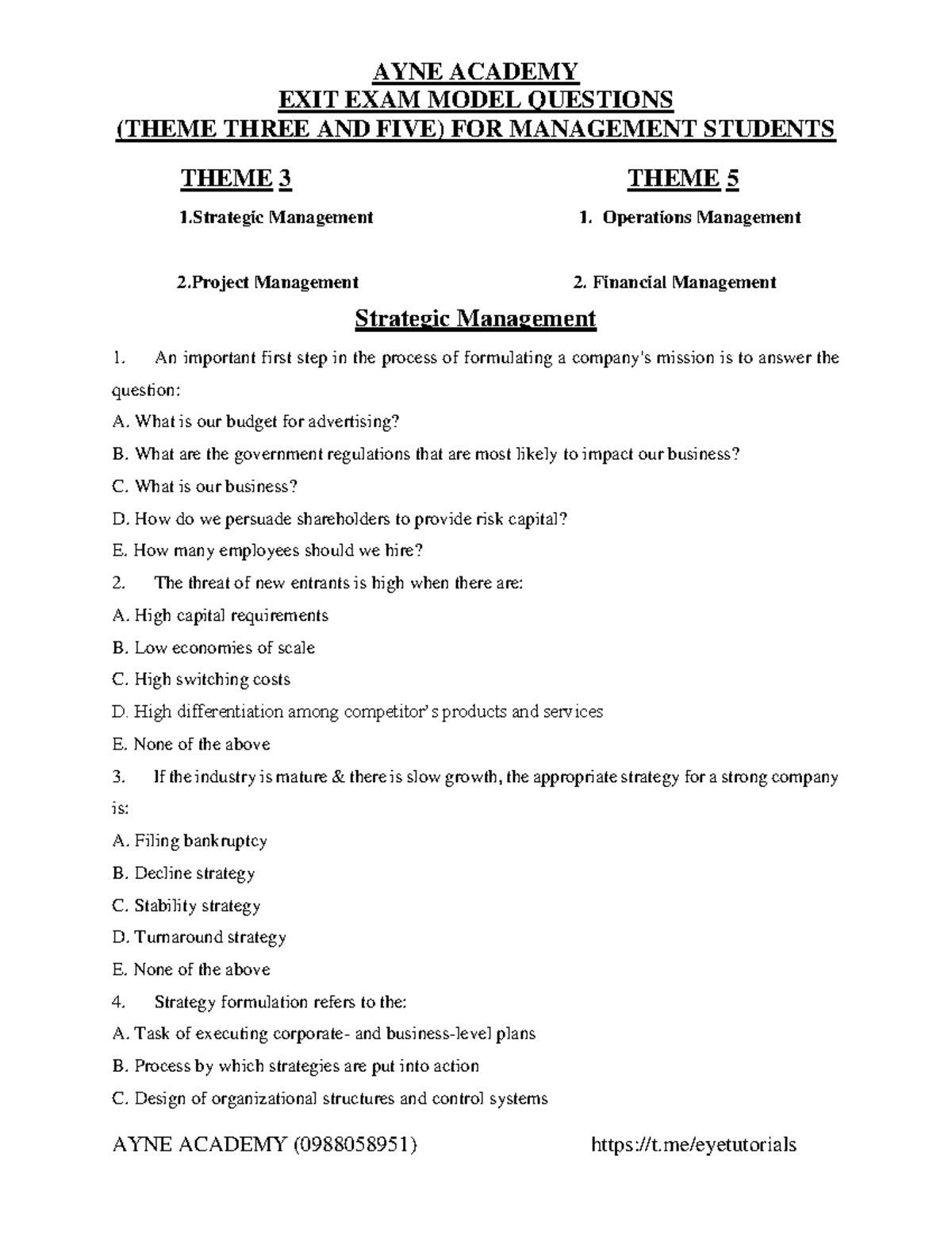 Management Model BY AYNE Academy - EXIT EXAM MODEL QUESTIONS (THEME ...
