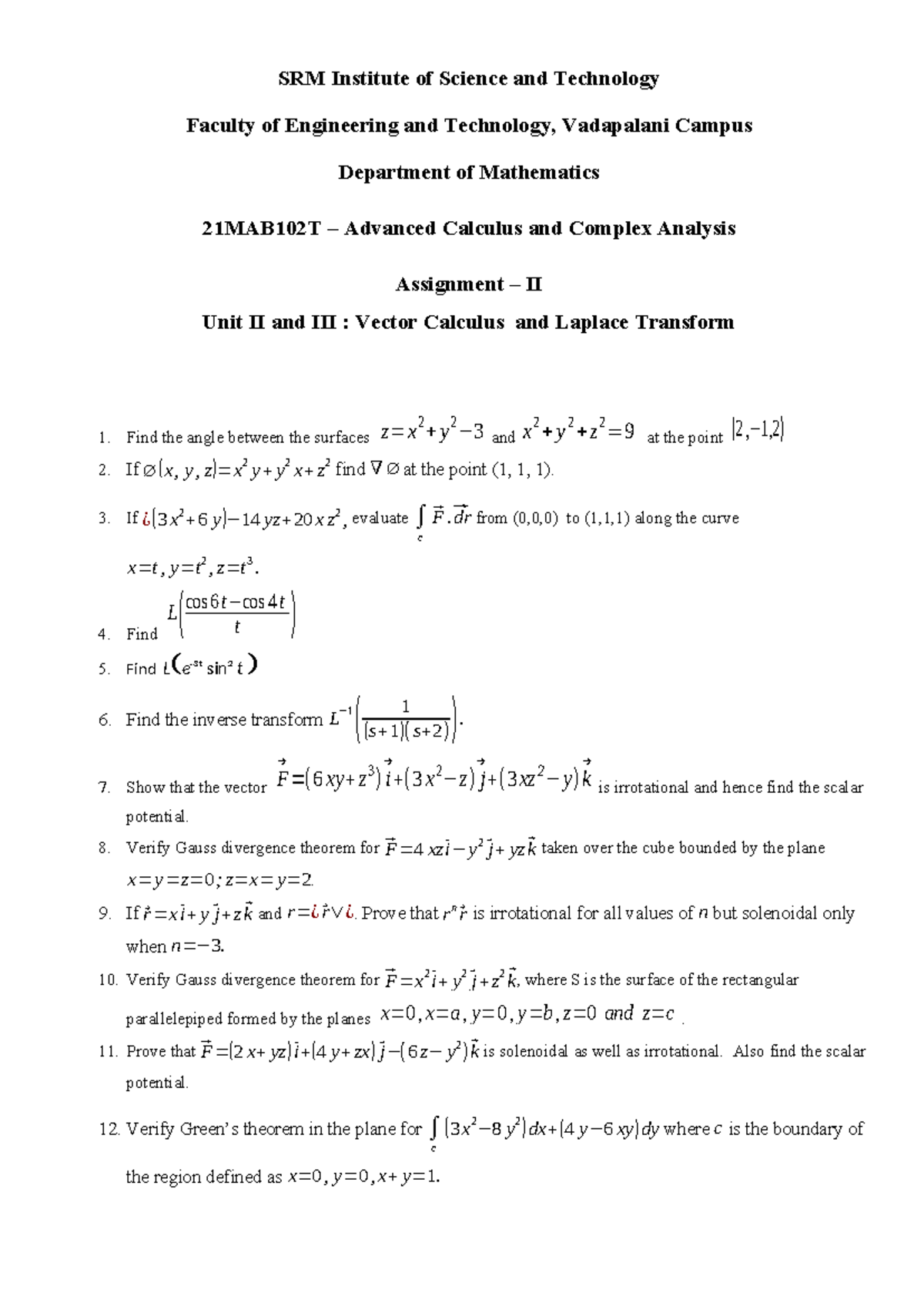 21MAB102T - Assignment - II - SRM Institute of Science and Technology Faculty of Engineering and ...