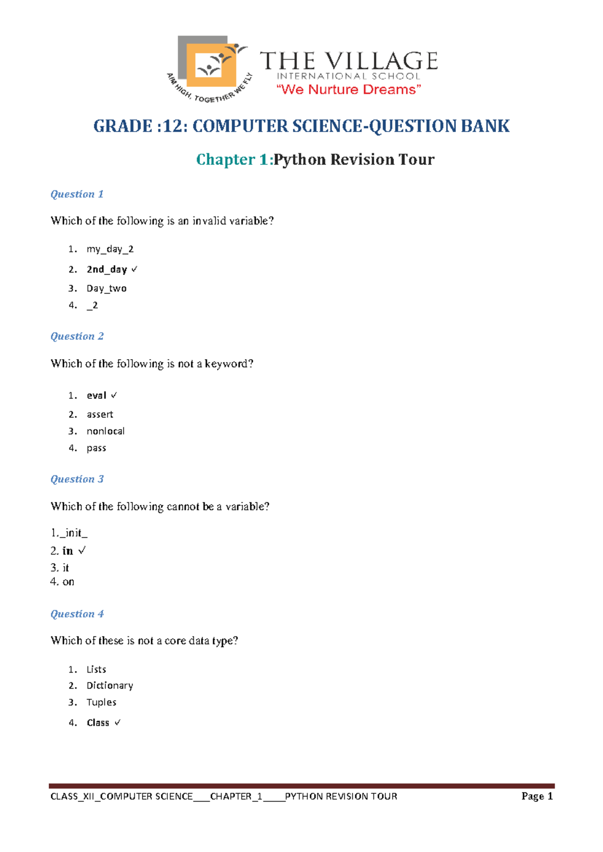 Python MCQ - GRADE :12: COMPUTER SCIENCE-QUESTION BANK Chapter 1:Python ...