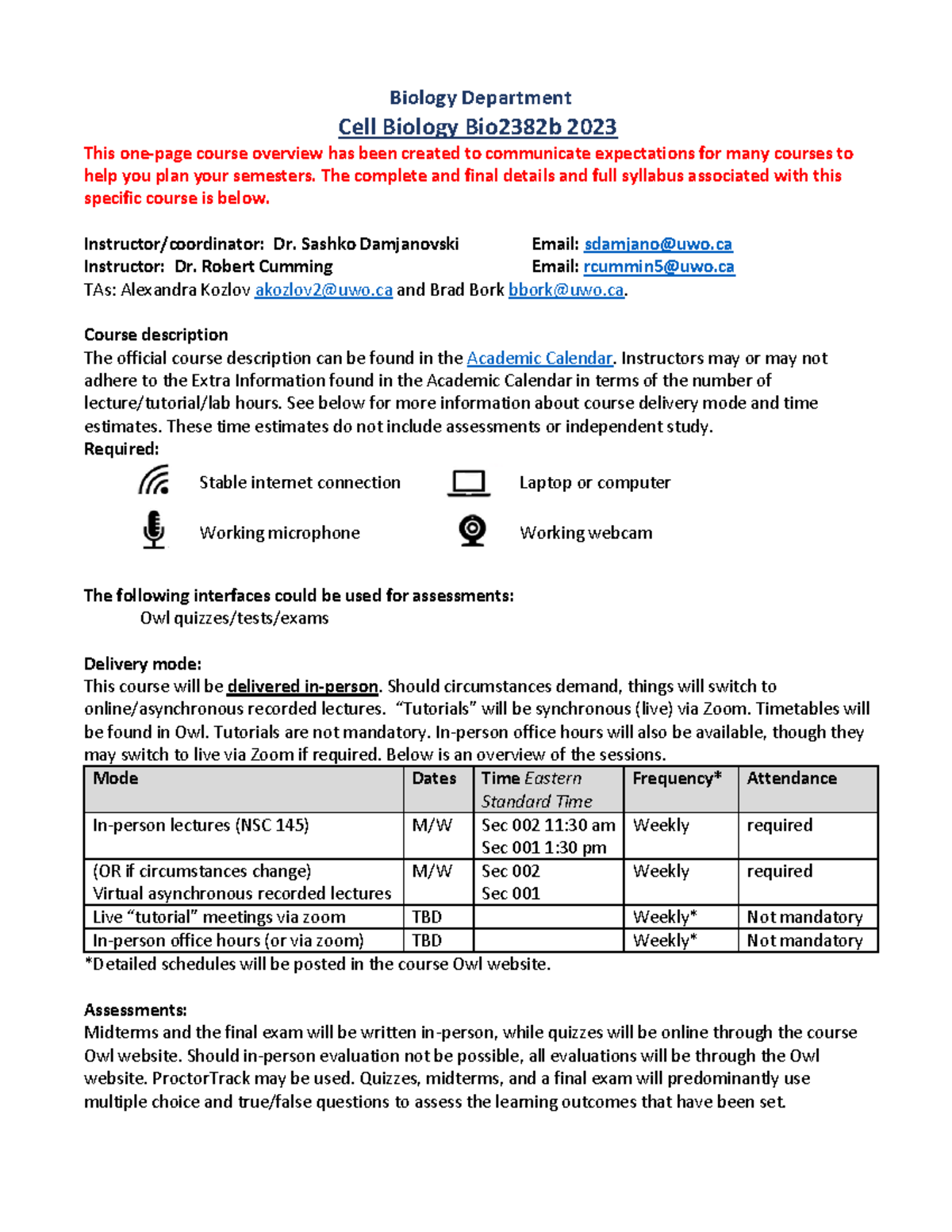 2382b 2023 Course Outline-1 - Biology Department Cell Biology Bio2382b ...