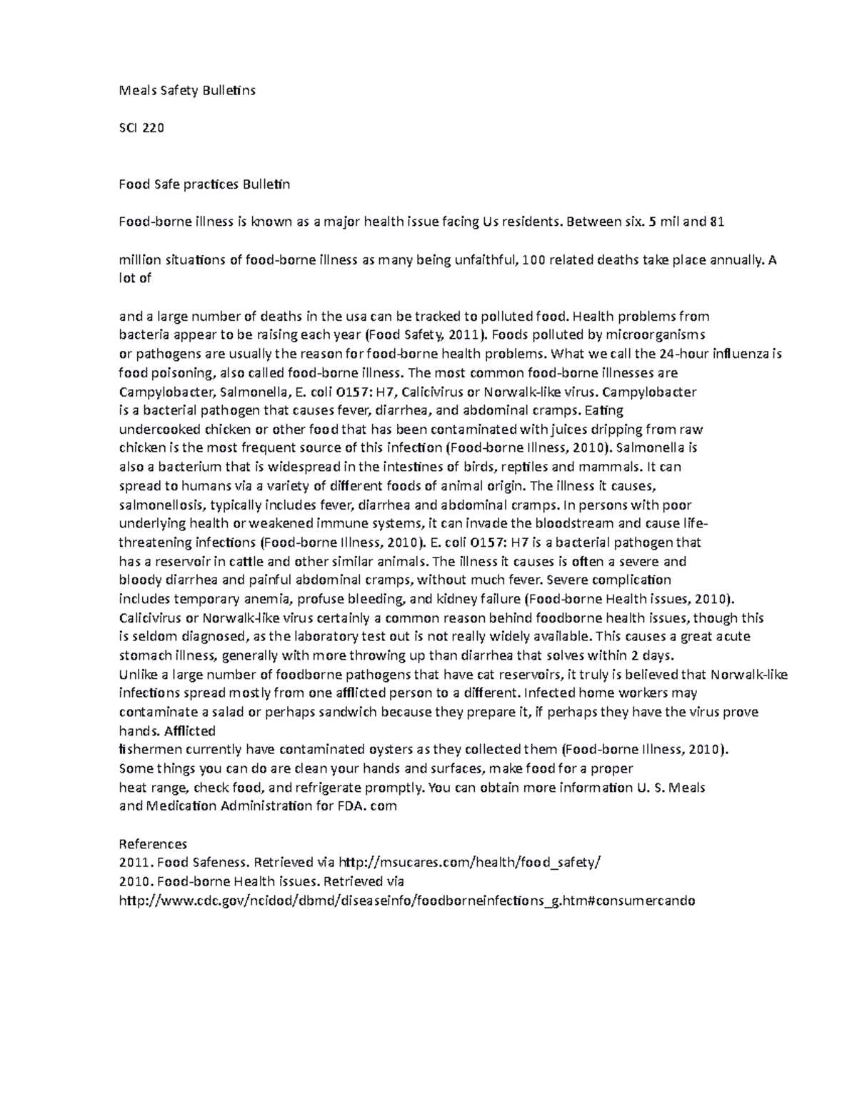 SCI 220 Food Safety Bulletin paper 1 - Meals Safety Bulletins SCI 220 ...